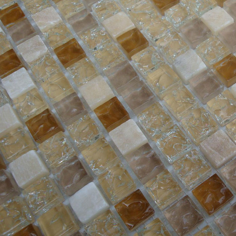 Crystal Glass Tiles Ice Cracked Glass Mix Cream White Stone Mosaic Wall